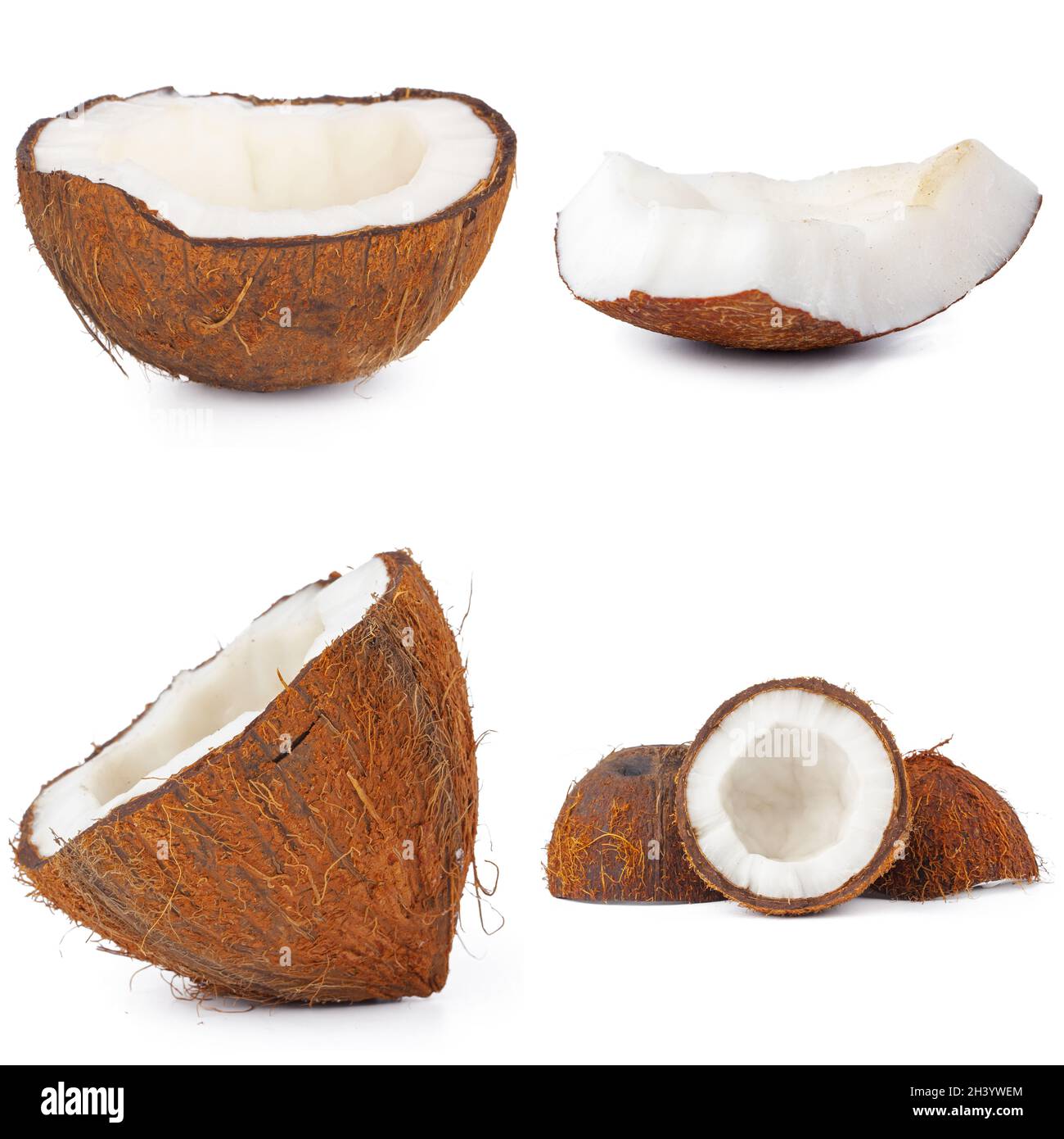 Collage of broken coconut pieces isolated on white background Stock ...