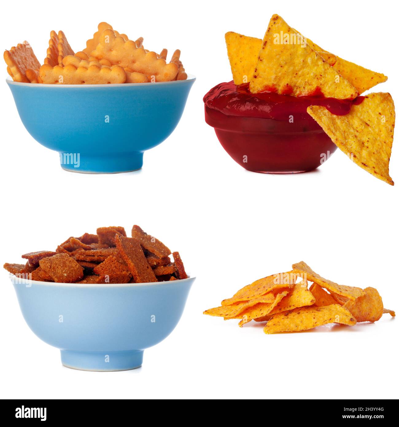 Salty snacks isolated on white background collage Stock Photo - Alamy