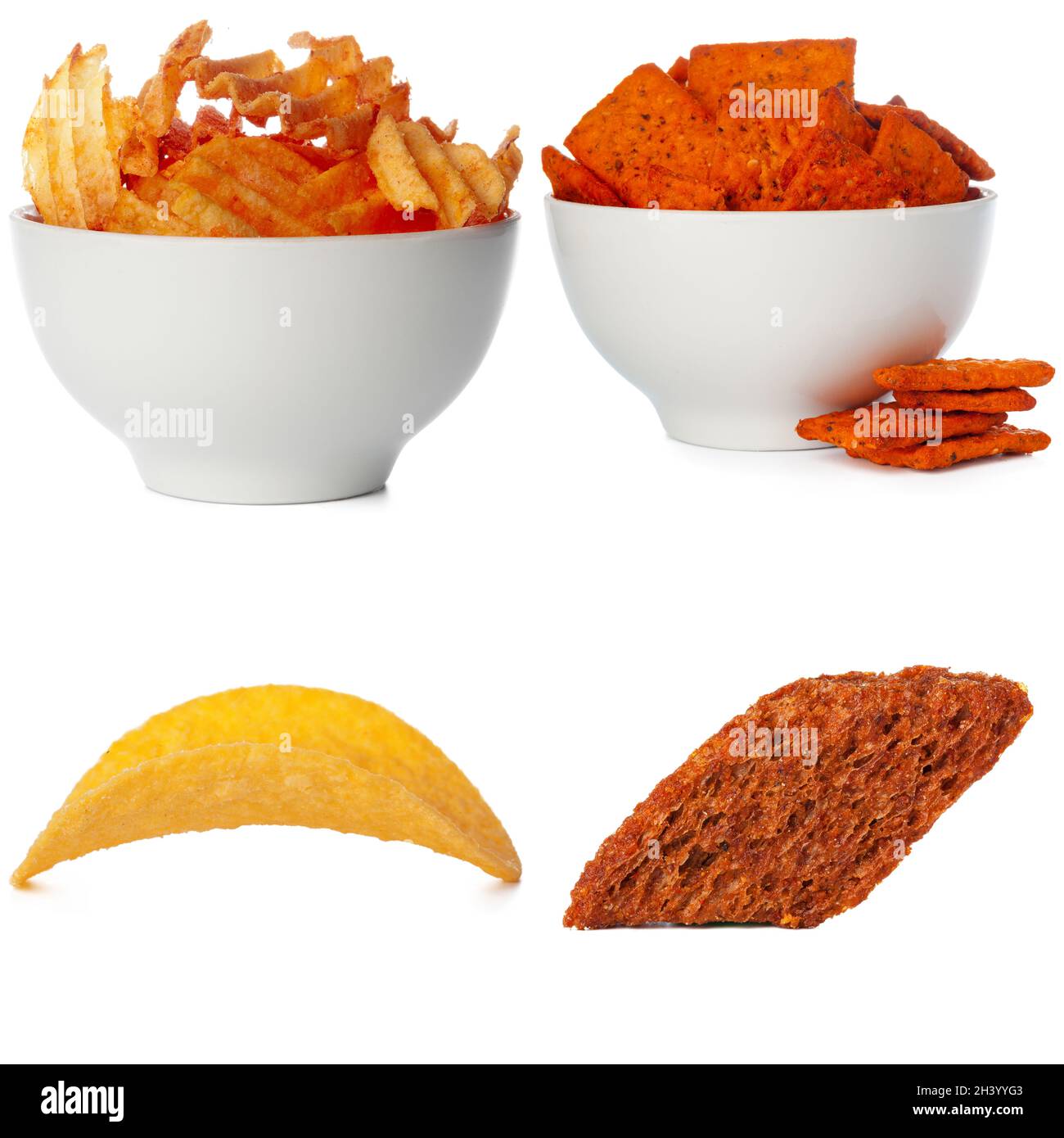 Salty snacks isolated on white background collage Stock Photo - Alamy