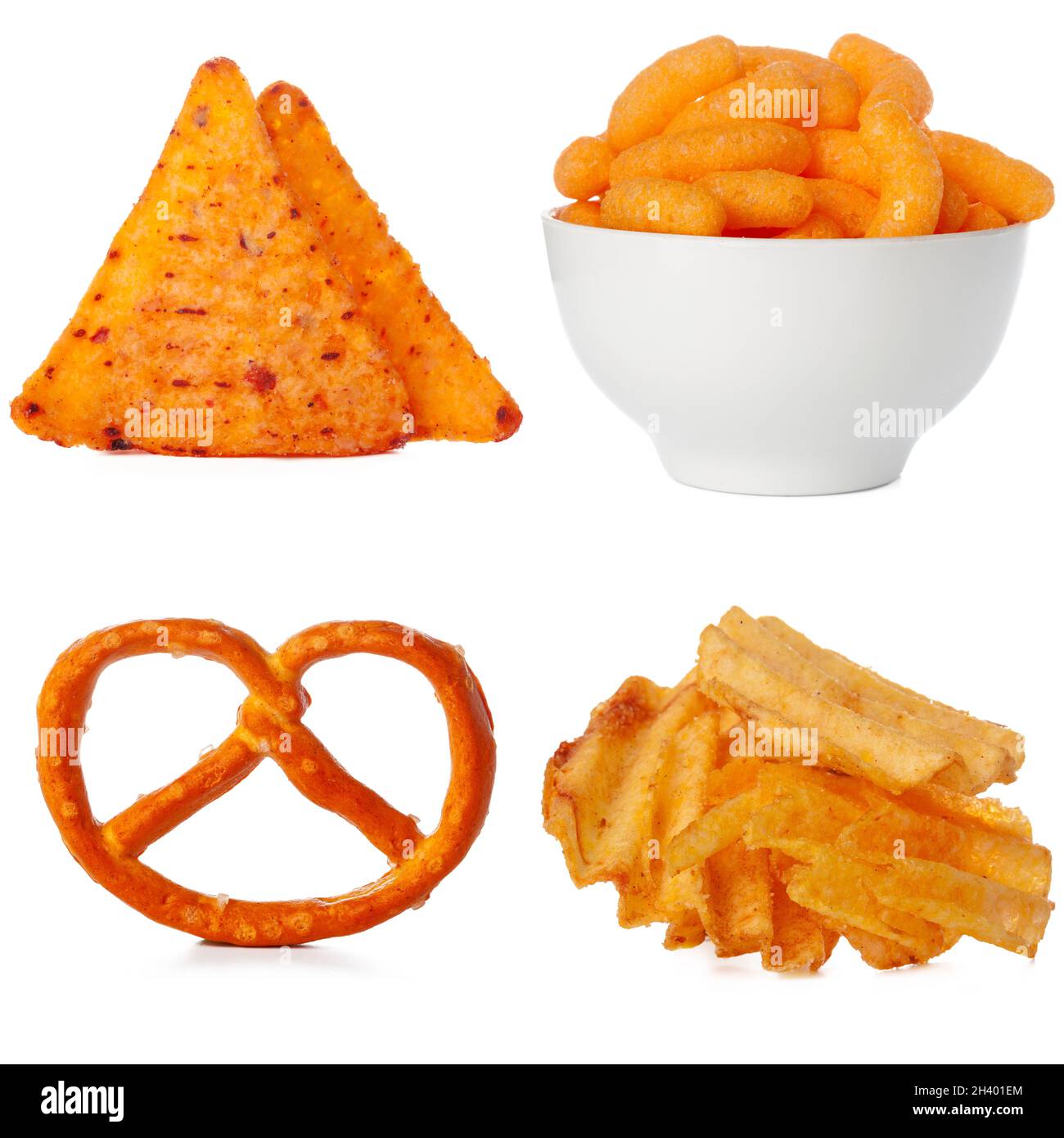 Salty snacks isolated on white background collage Stock Photo - Alamy