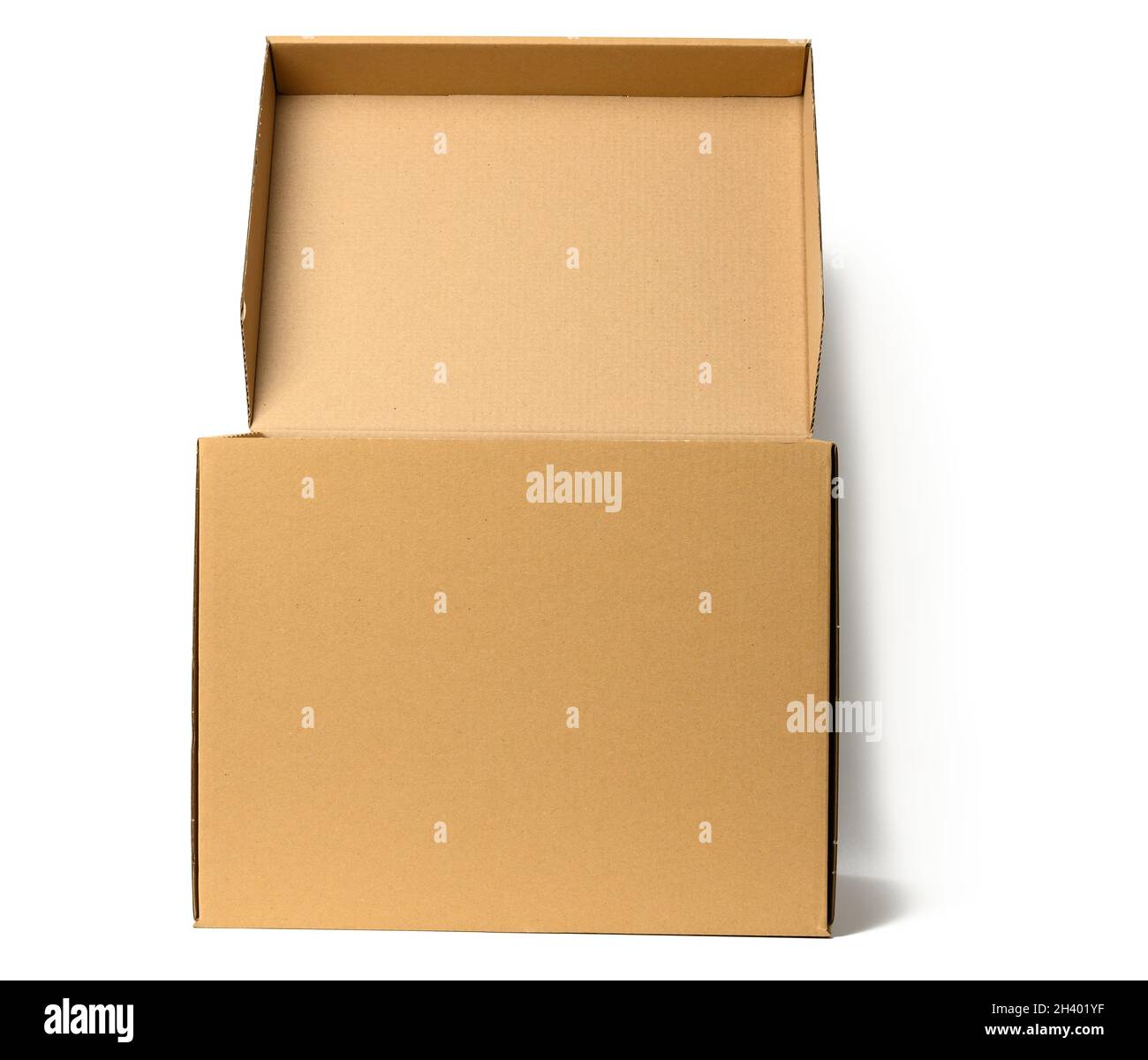 Open brown corrugated paper box with lid for documents on a white ...