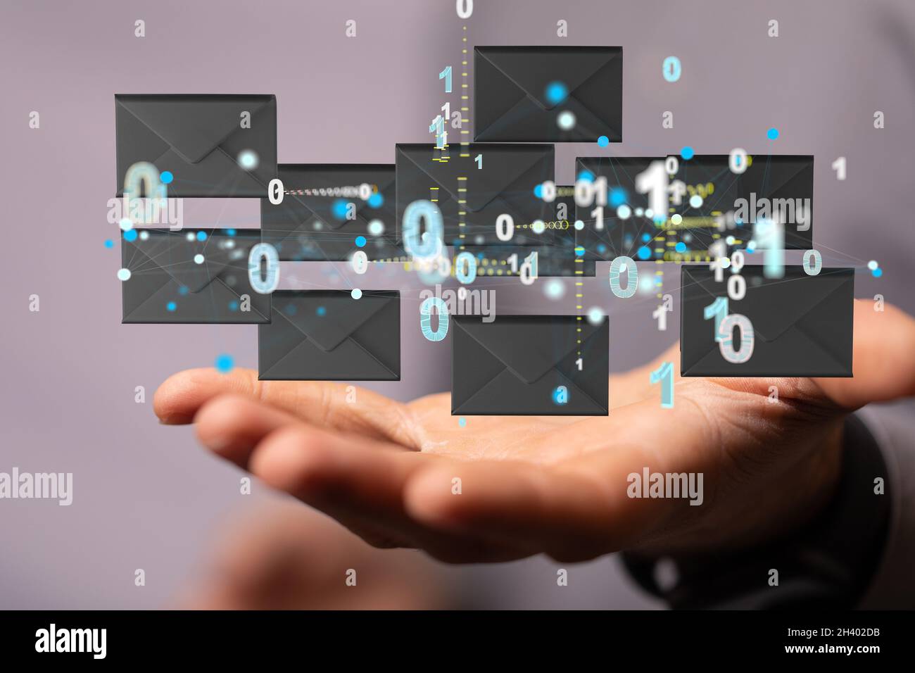 A 3D rendering of email inbox icons floating on a businessman's hand ...
