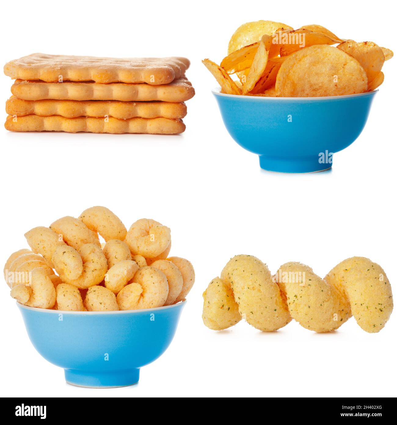 Salty snacks isolated on white background collage Stock Photo - Alamy