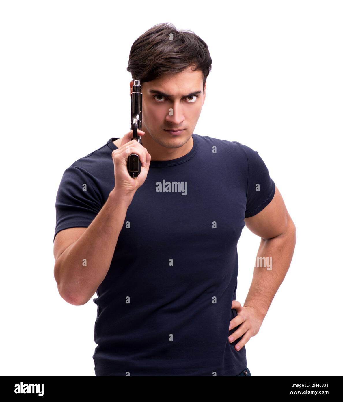 Aggressive young man with gun isolated on white Stock Photo - Alamy