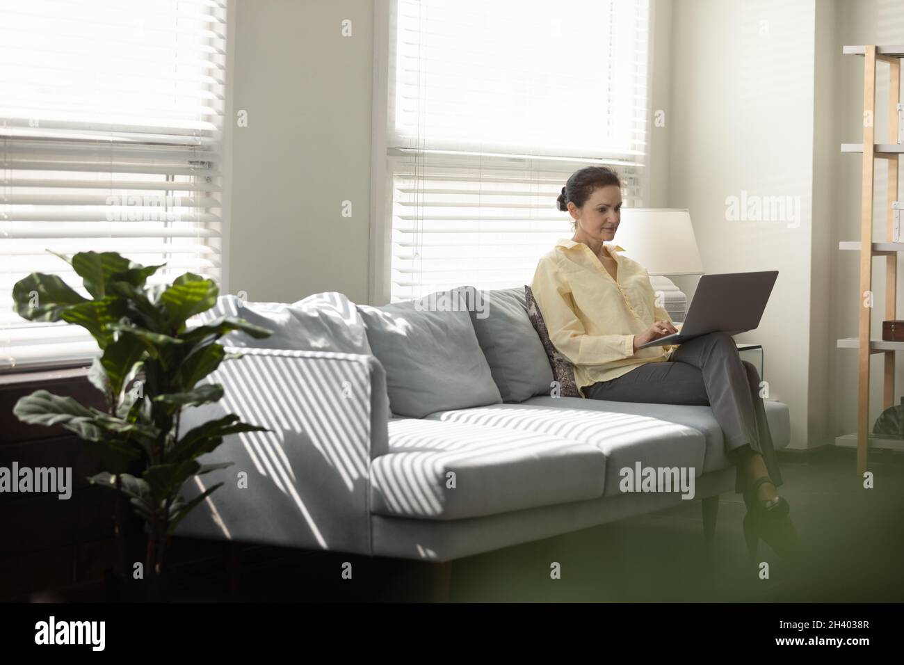 Happy middle aged woman using computer software application Stock Photo ...
