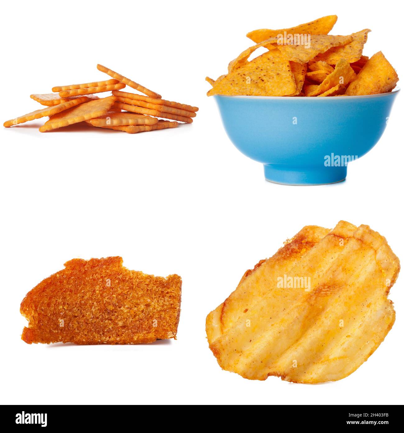 Salty snacks isolated on white background collage Stock Photo - Alamy