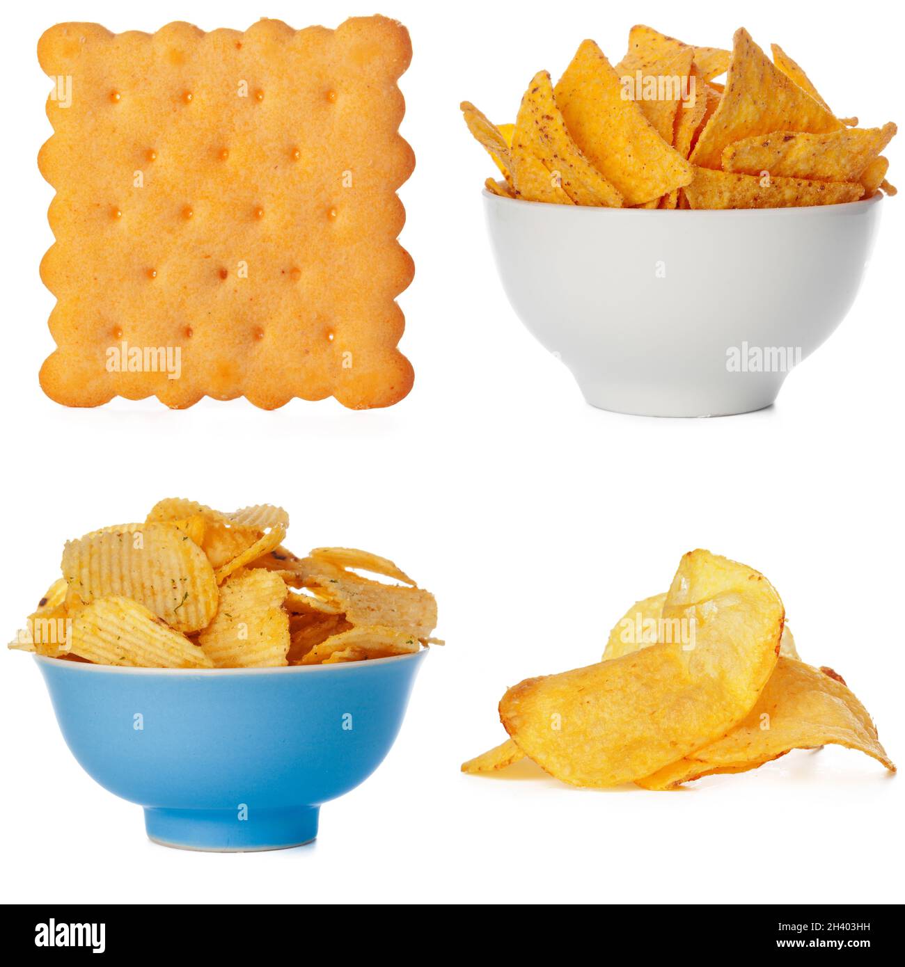 Salty snacks isolated on white background collage Stock Photo - Alamy