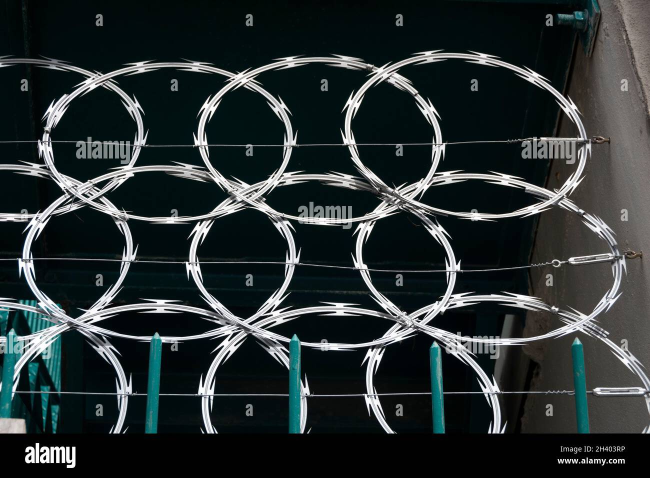 Razor wire on apartment building, Wellington, North Island, New Zealand ...