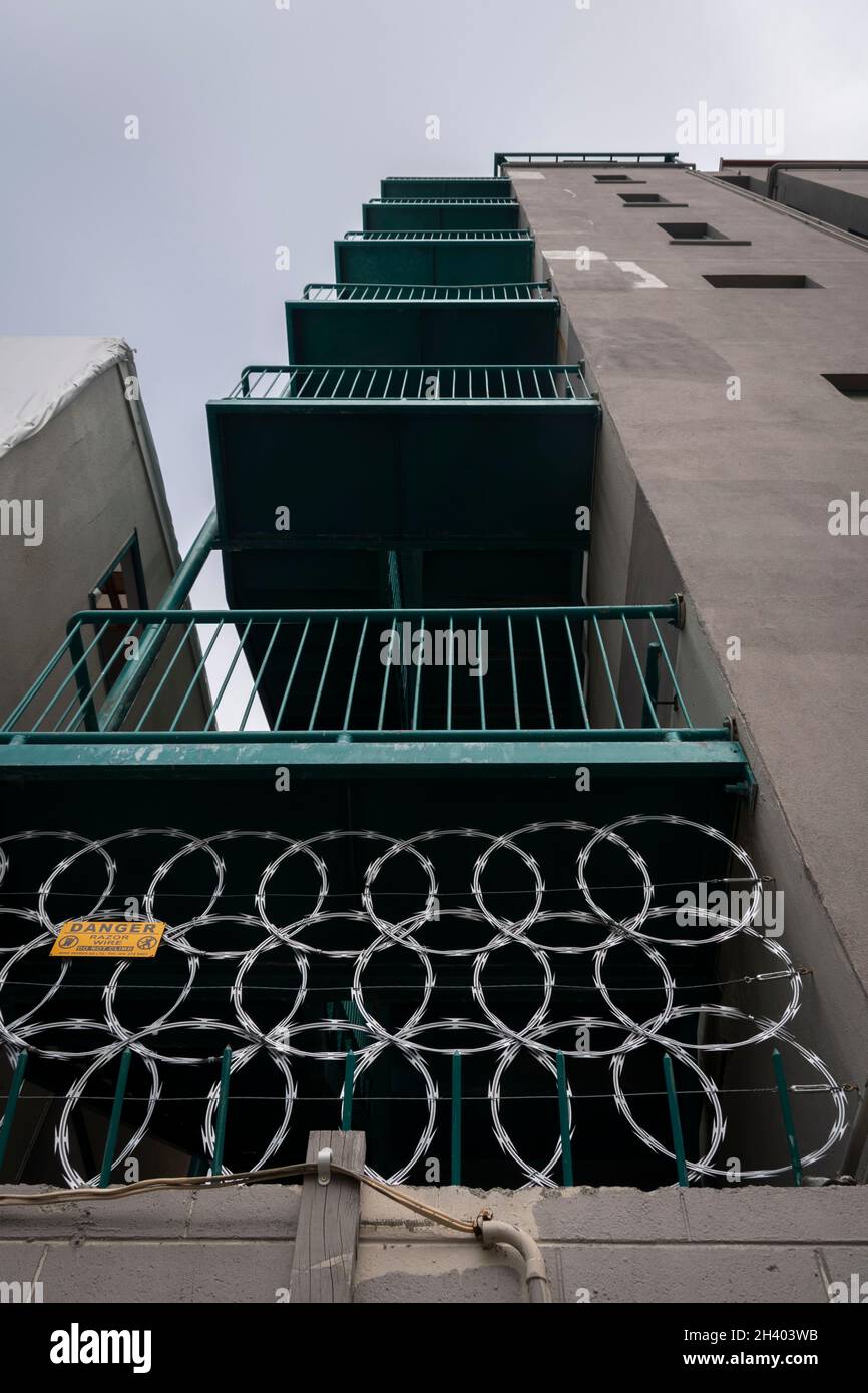 Razor wire on apartment building, Wellington, North Island, New Zealand ...