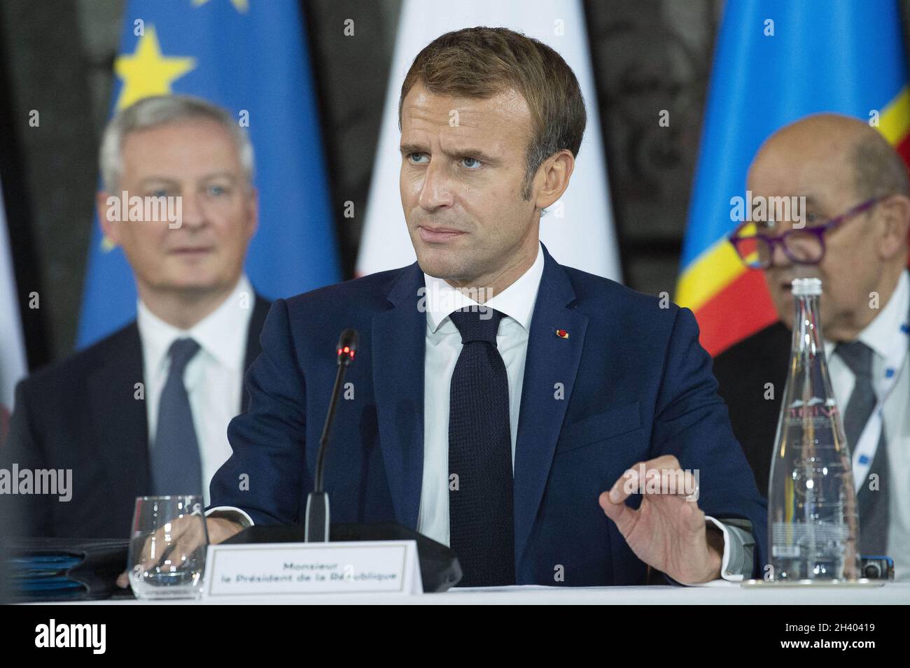 French President Emmanuel Macron during a meeting with leaders of the ...