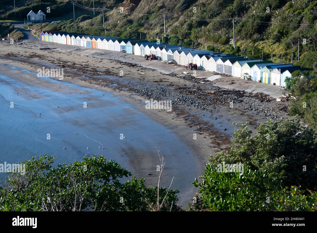 Boatsheds at Titahi Bay beach, Porirua, Wellington, North Island, New ...