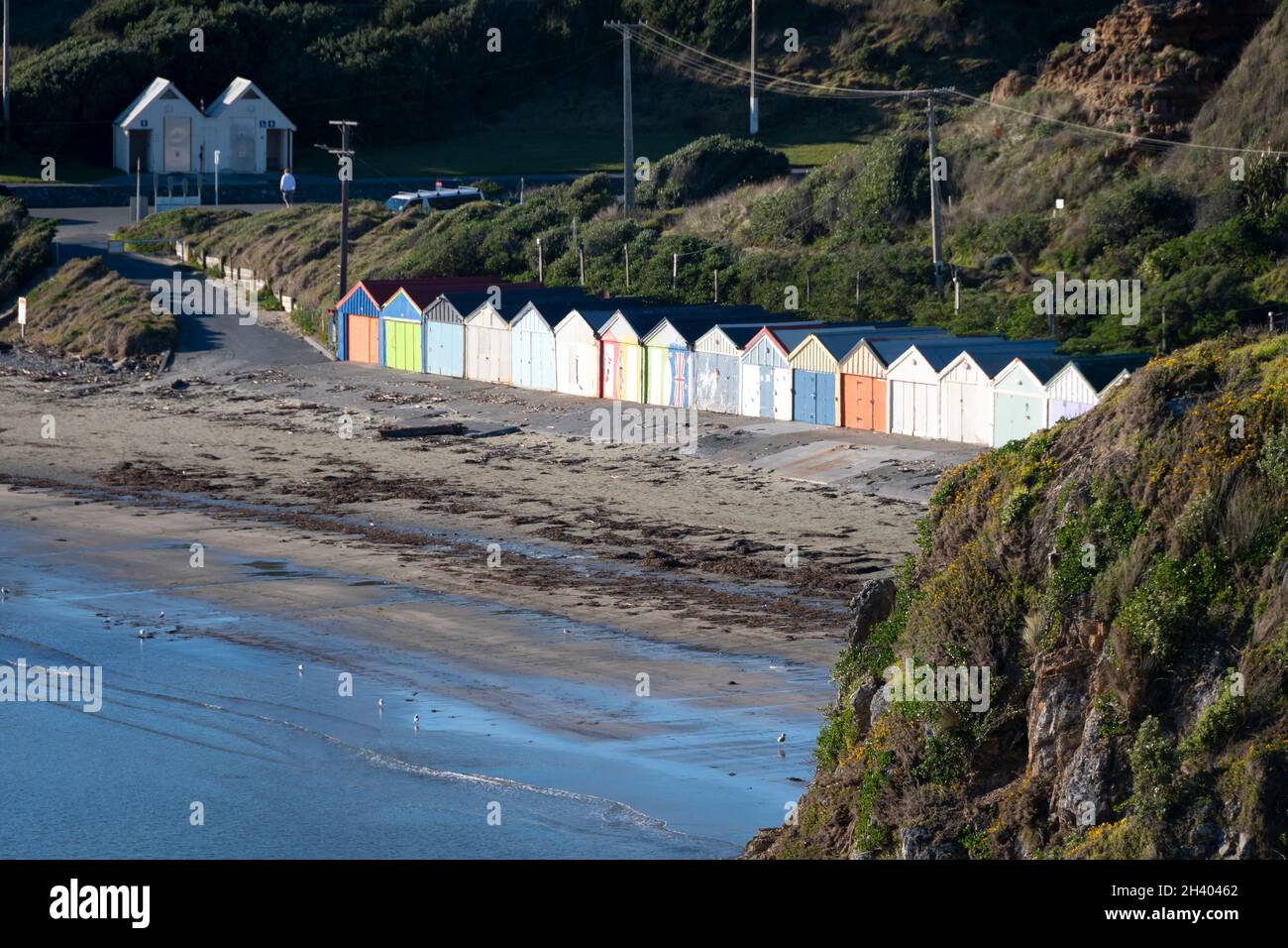 Boatsheds at Titahi Bay beach, Porirua, Wellington, North Island, New ...