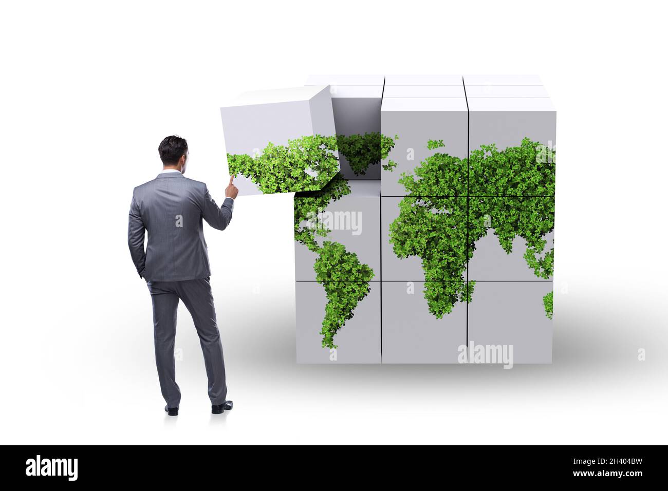 Businessman building world map from cubes Stock Photo - Alamy