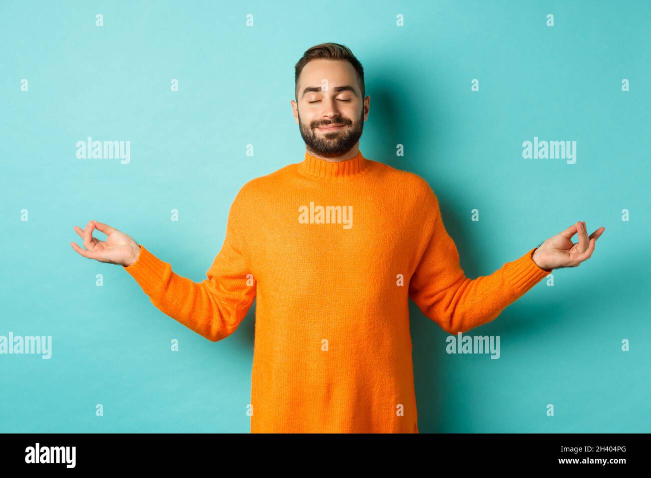 Image of relaxed and relieved man close eyes and smiling, feeling ...
