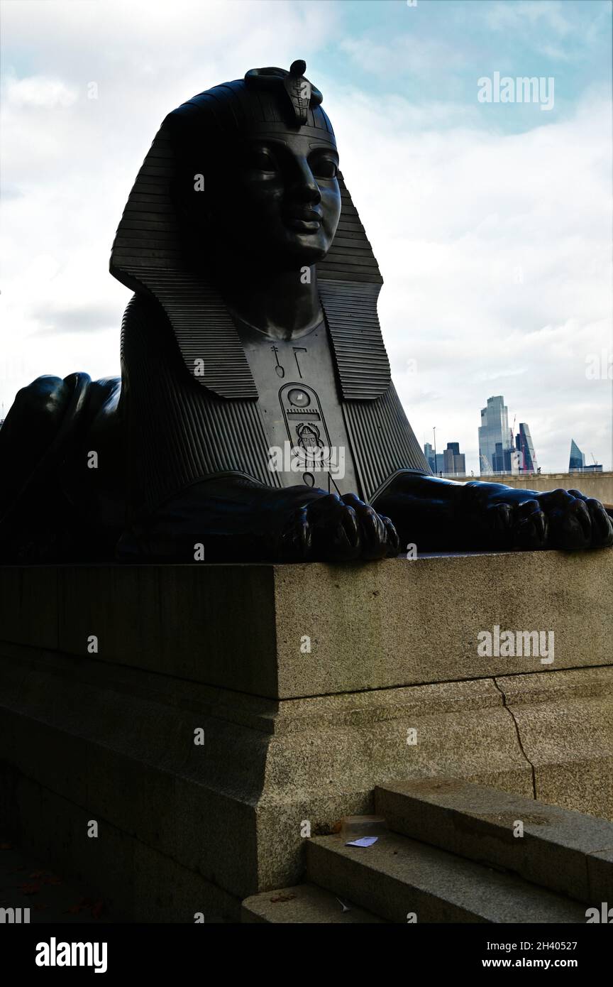 A view of the iconic Cleopatras needle, a stone obelisk and Sphynx like ...