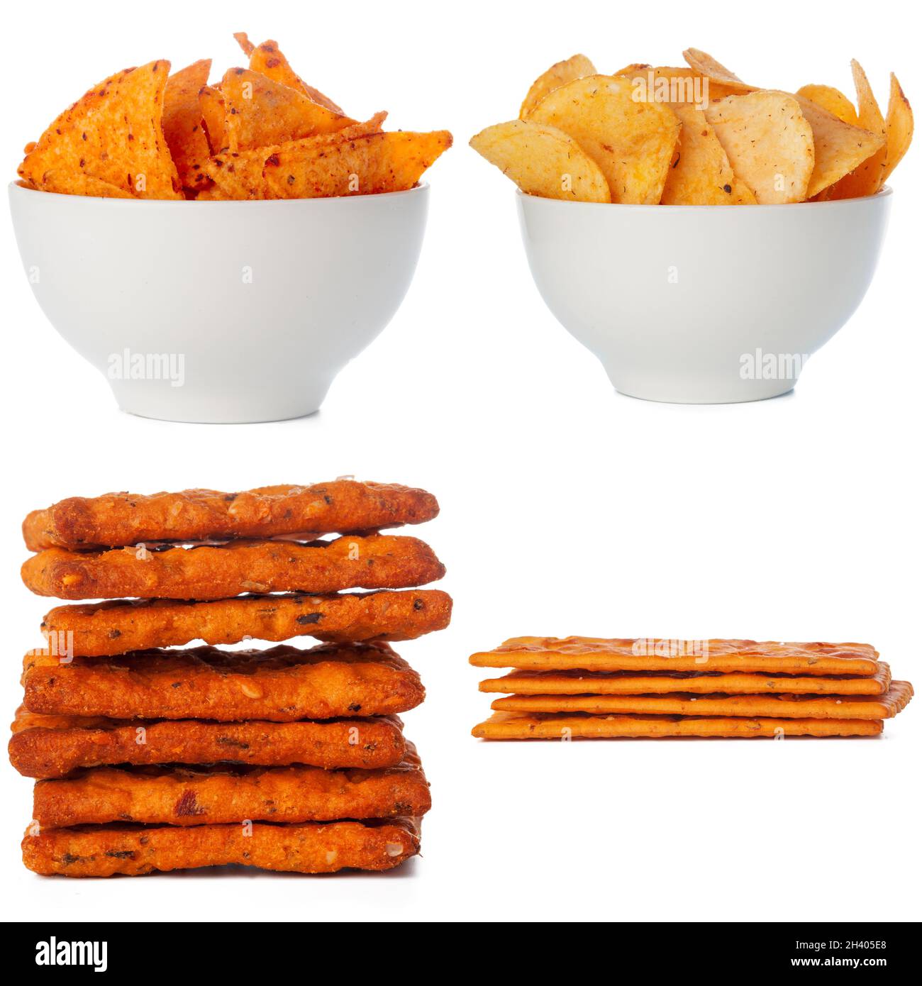 Salty snacks isolated on white background collage Stock Photo - Alamy
