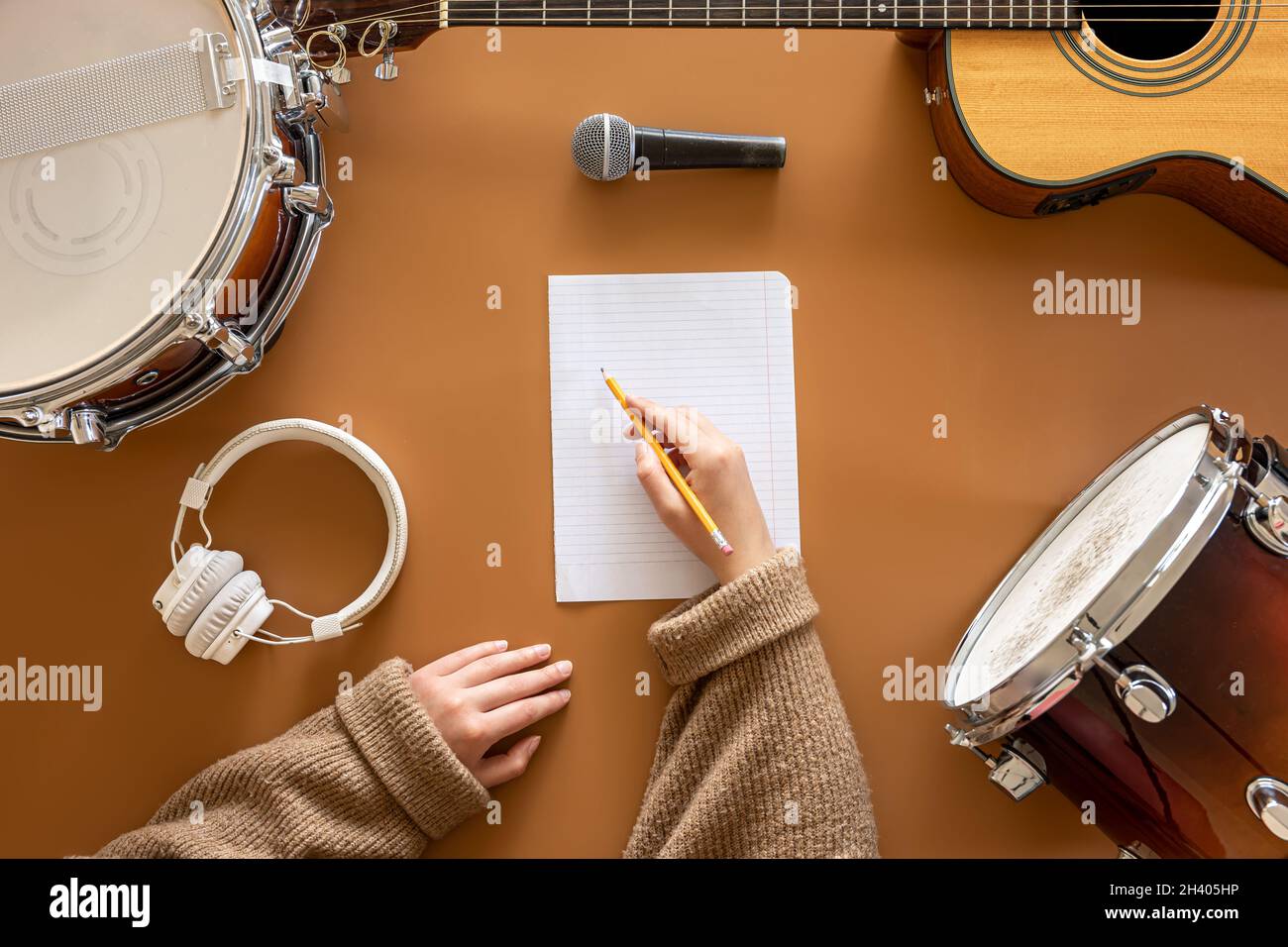 Musical background with musical instruments, flat lay, music creation ...