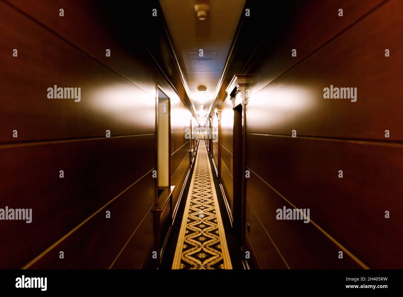 Long corridor with lights on, doorways and patterned walkway Stock ...
