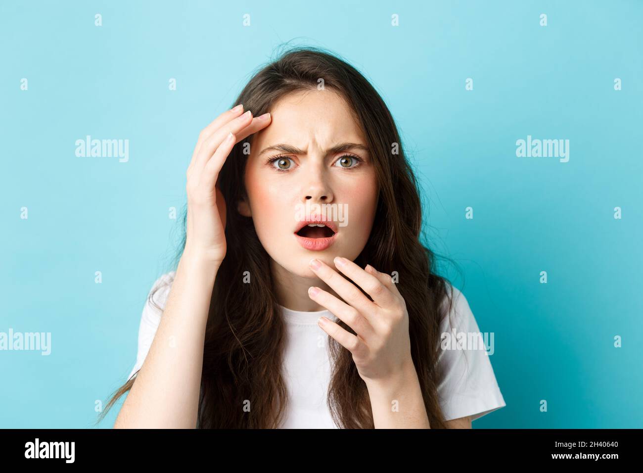 Woman mirror face worried hi-res stock photography and images - Alamy
