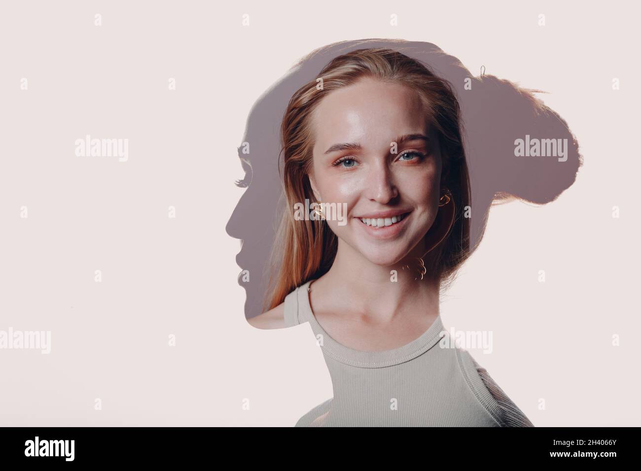 Multiple exposure portrait of european american caucasian woman with ...