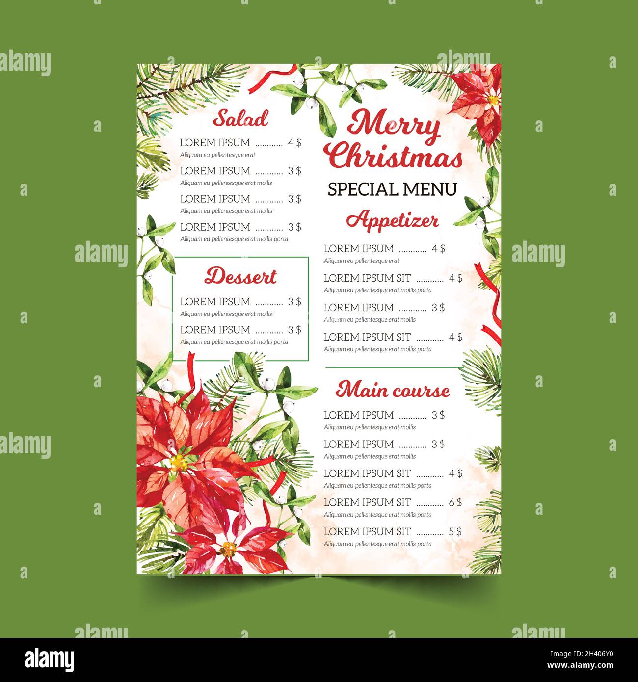 christmas watercolor menu template vector design illustration Stock ...