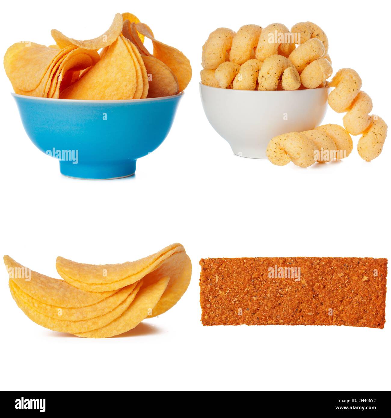 Salty snacks isolated on white background collage Stock Photo - Alamy