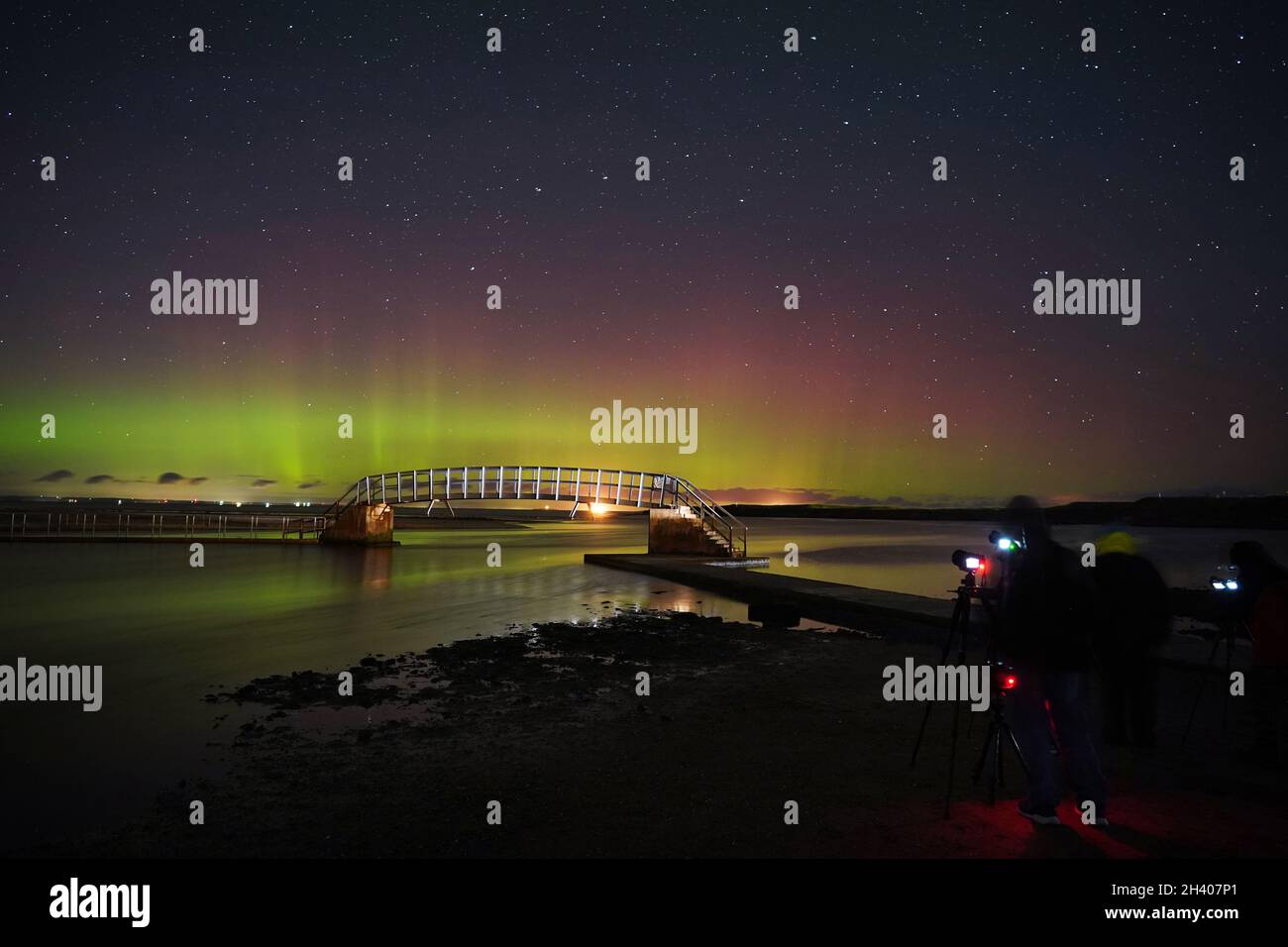 The Northern lights on view over Belhaven bridge in Dunbar Scotland ...