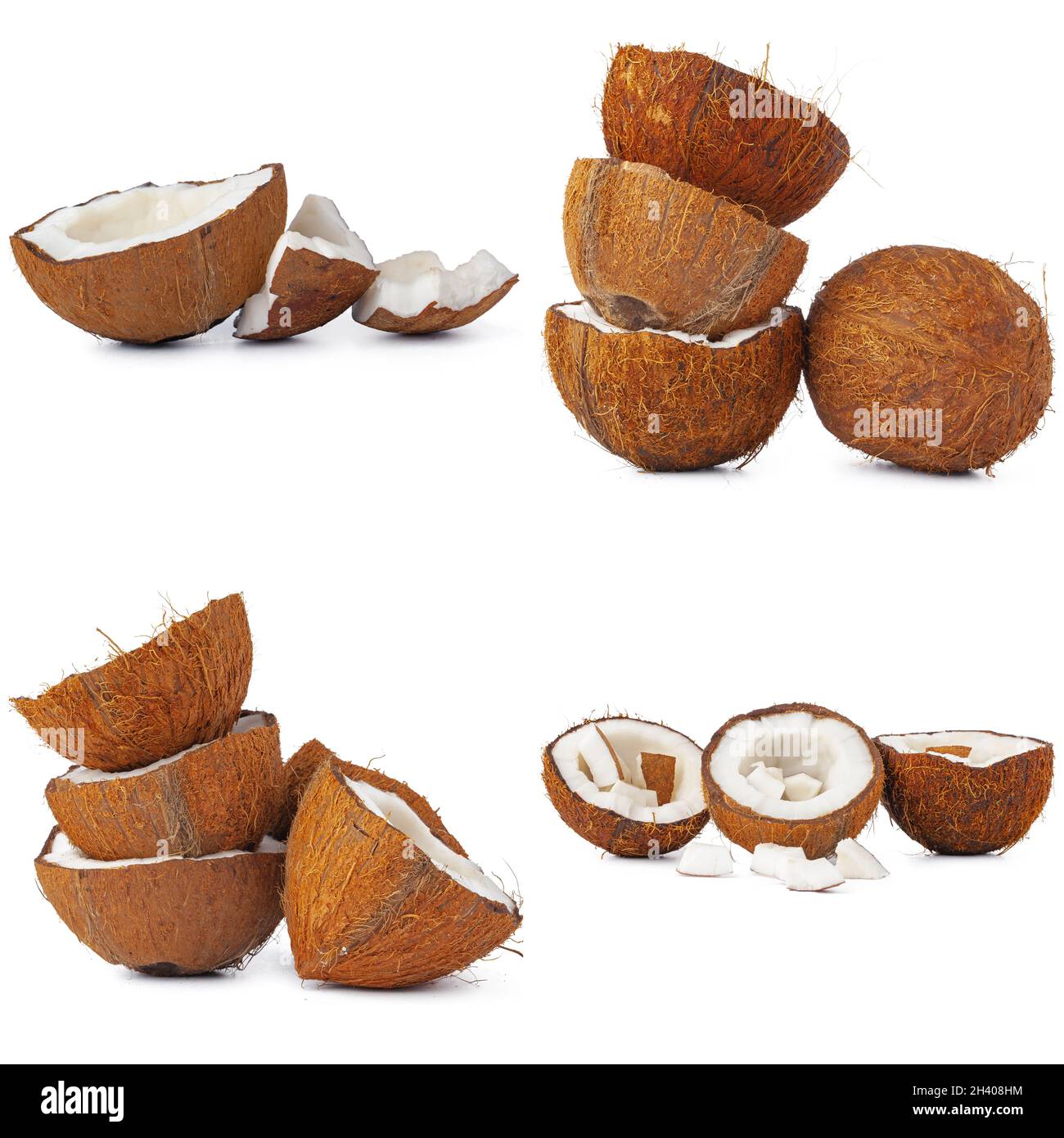 Collage of broken coconut pieces isolated on white background Stock ...
