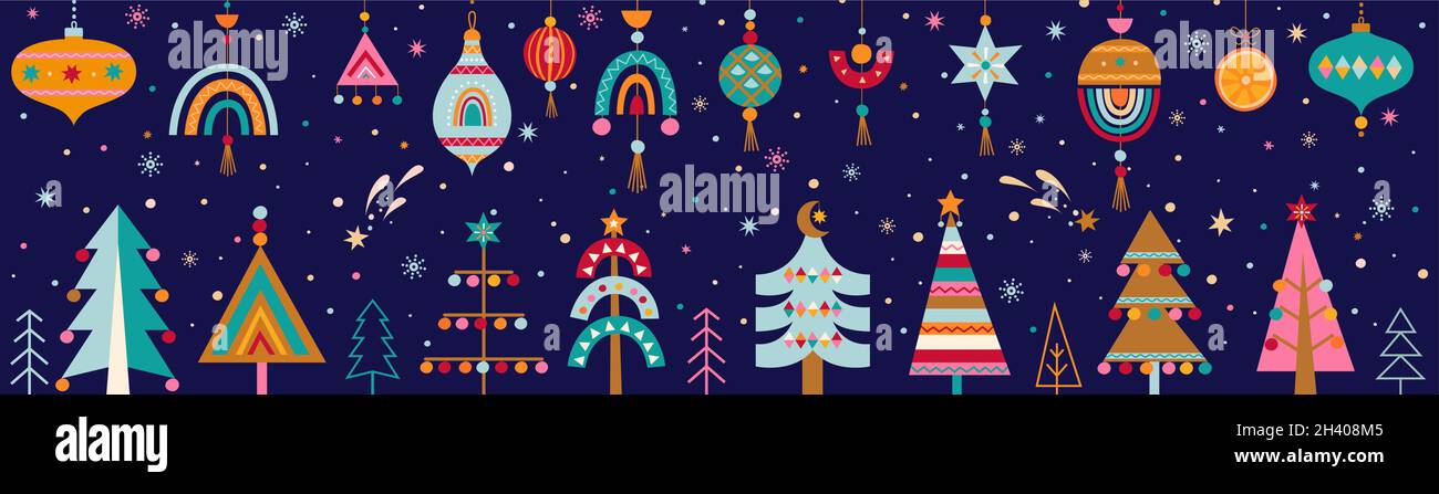 Christmas horizontal banner,hand drawn trees,balls Stock Vector Image ...