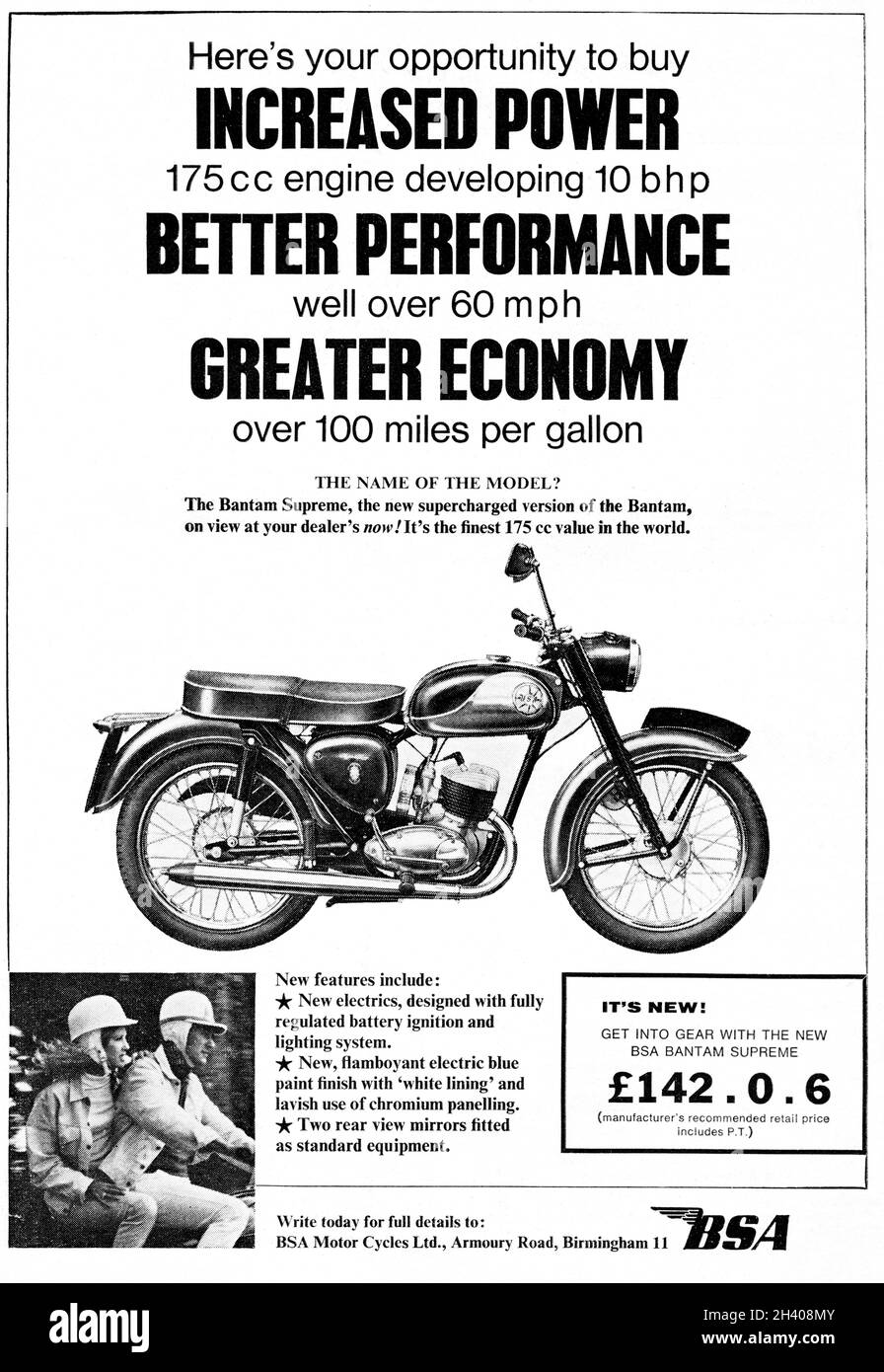 A vintage BSA Bantam advert from Motorcycle Magazine, August 1966 Stock ...