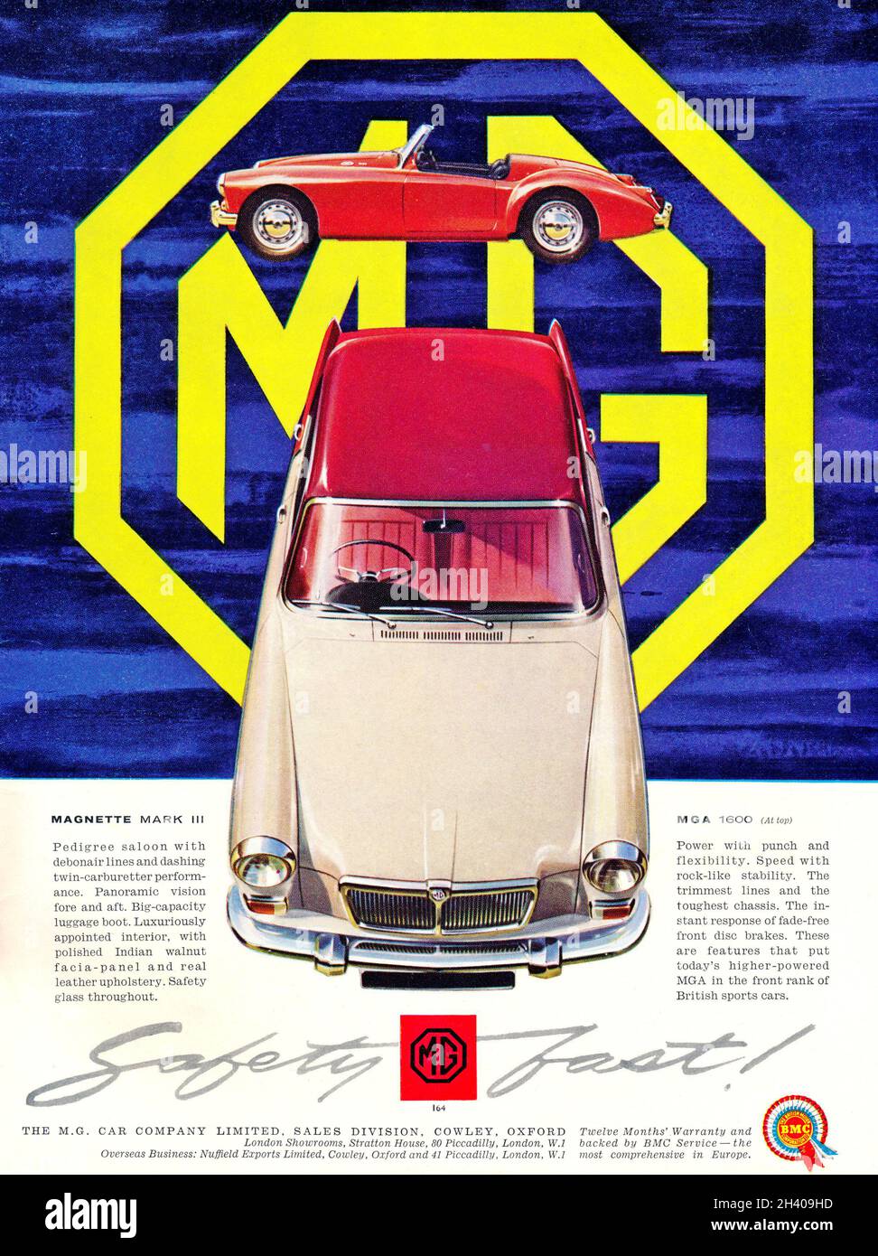 A vintage MG Cars advert promoting the MGA 1600 and Magnette models ...