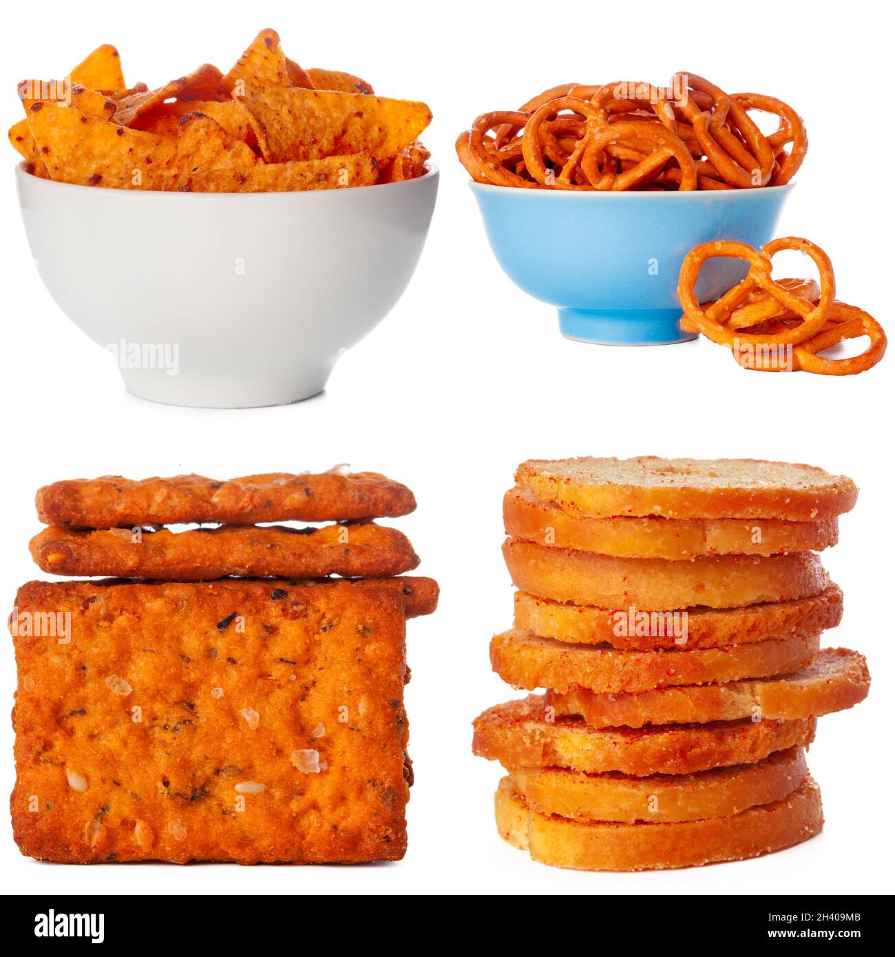 Salty snacks isolated on white background collage Stock Photo - Alamy