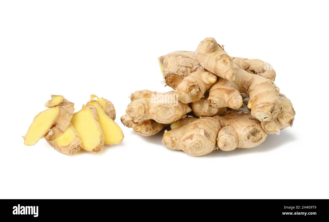 Fresh ginger root isolated on white background, sliced pieces near ...