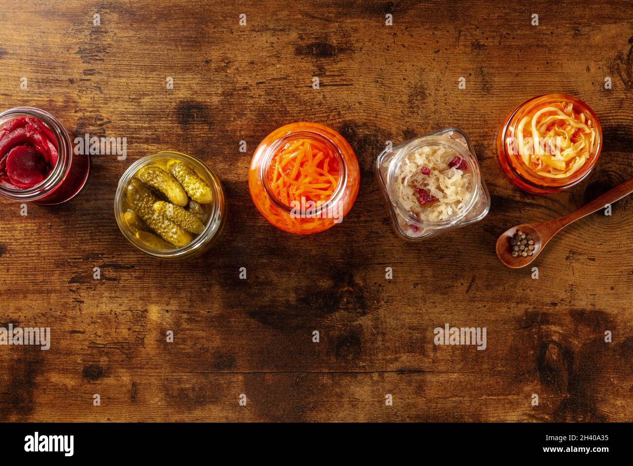 Fermented foods. A variety of pickled vegetables, shot from above Stock ...