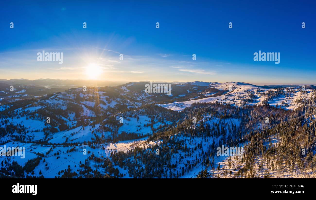 Wonderful landscapes of the Carpathian mountains covered with the first ...