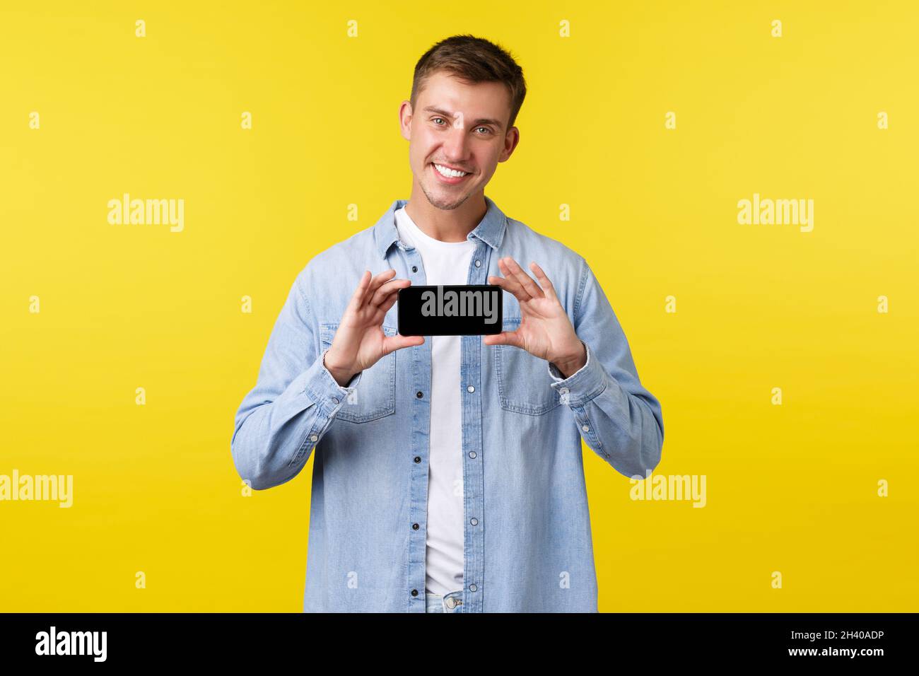 Leisure, technology and application advertisement concept. Handsome ...