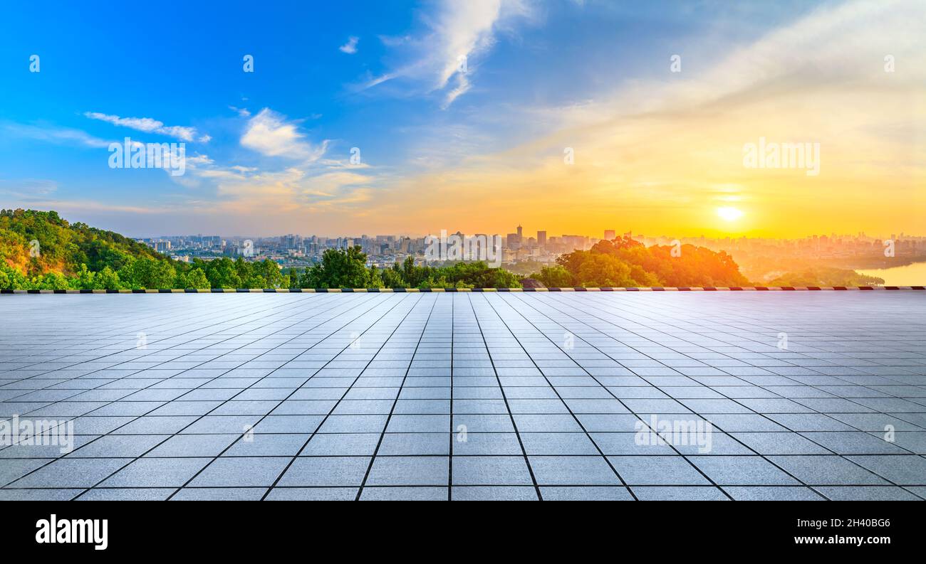 Wide square floor and city skyline with buildings in Hangzhou at ...
