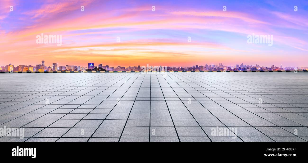Wide square floor and city skyline with buildings in Hangzhou at ...