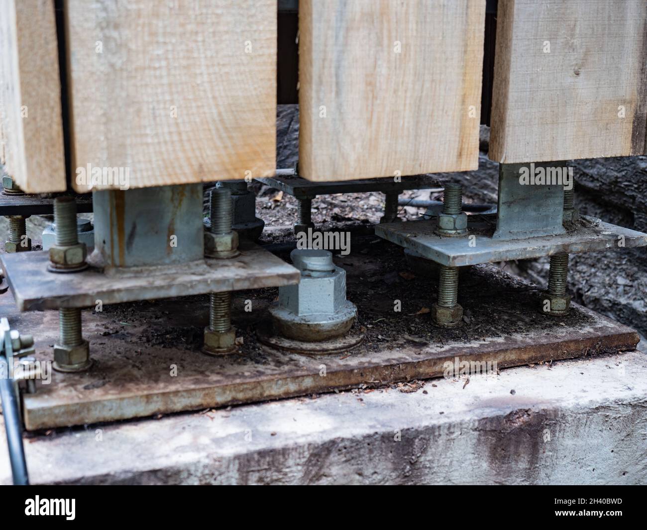 Bridge pillar. Bridging joint of girder bridge with concrete base in ...