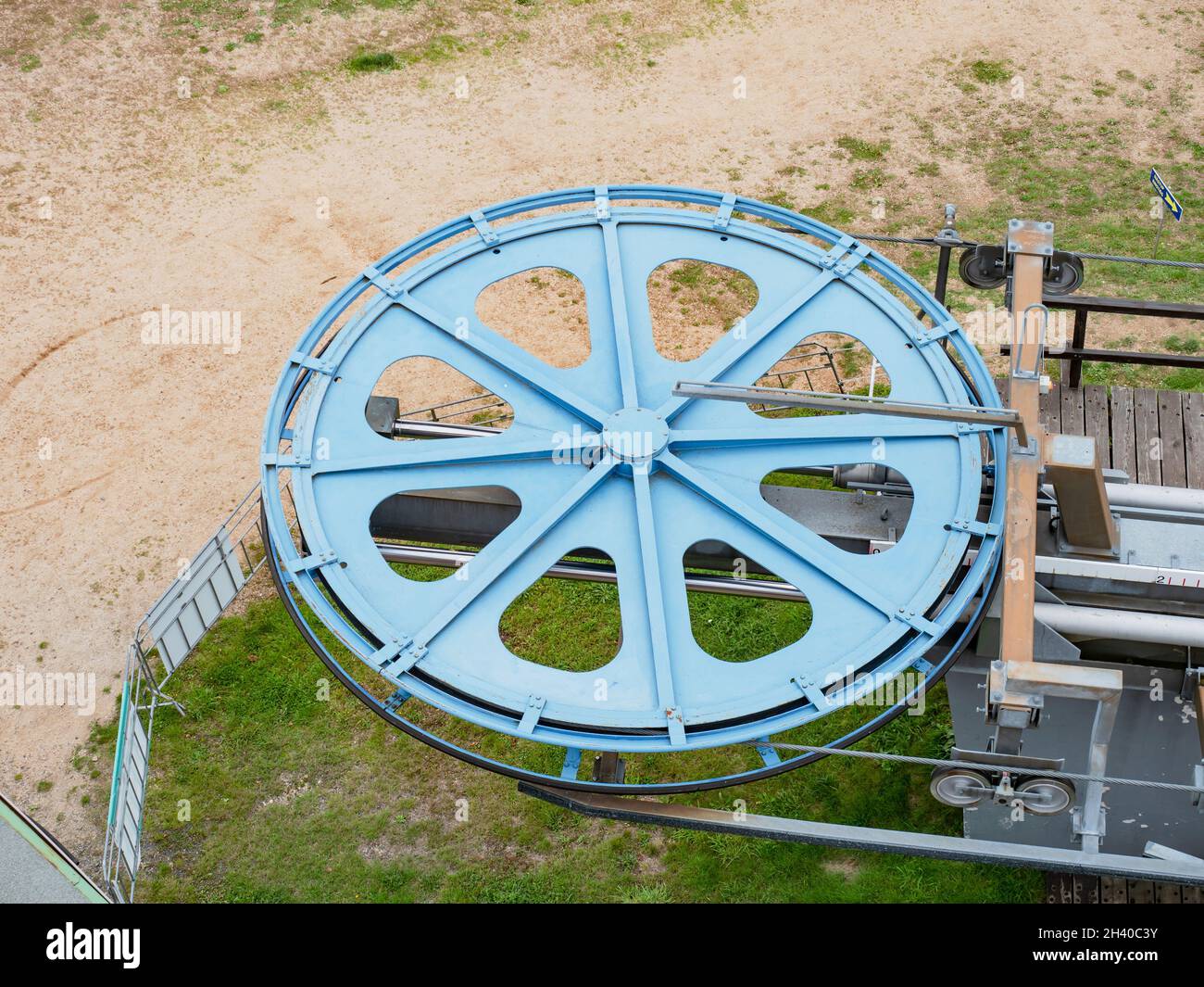 Details of the ski lift engine wheel. Elements of the steel wheel ...