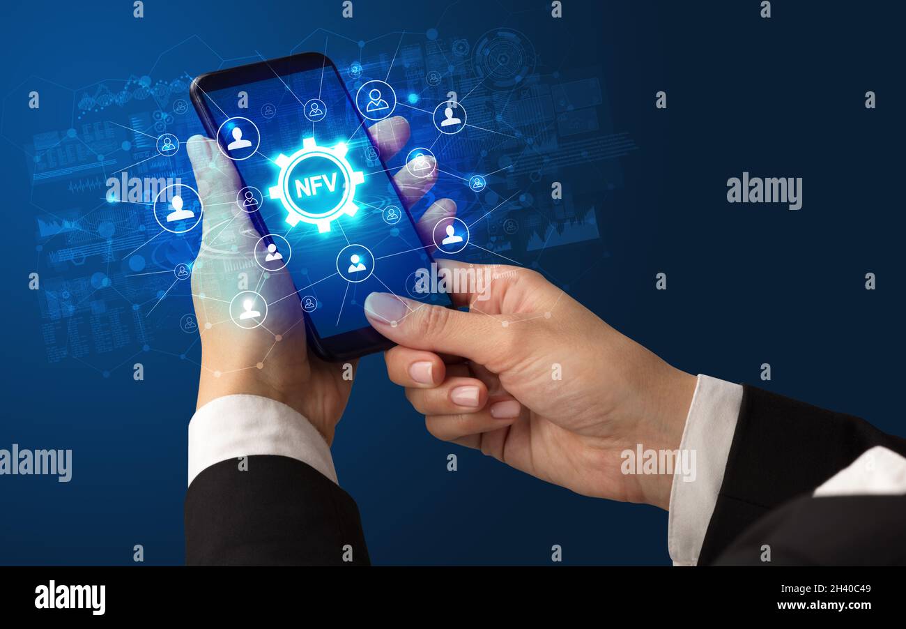 Hand using smartphone with technology concept Stock Photo - Alamy