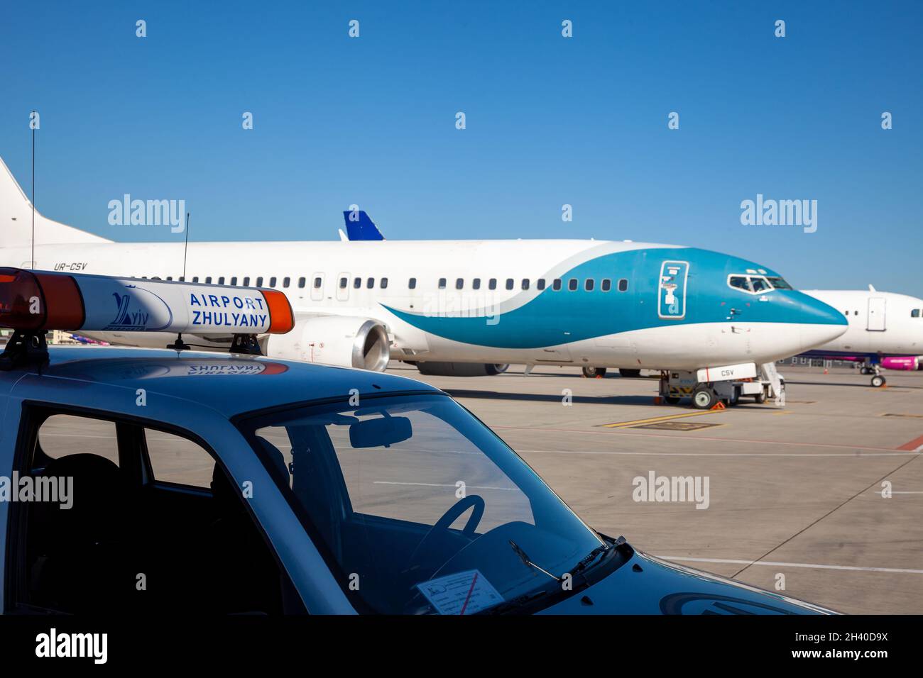 Ukraine, Kyiv - Zhuliany airport. Airplane Boeing 737-4K5 Jonika airline plane. Aircraft UR-CSV ...