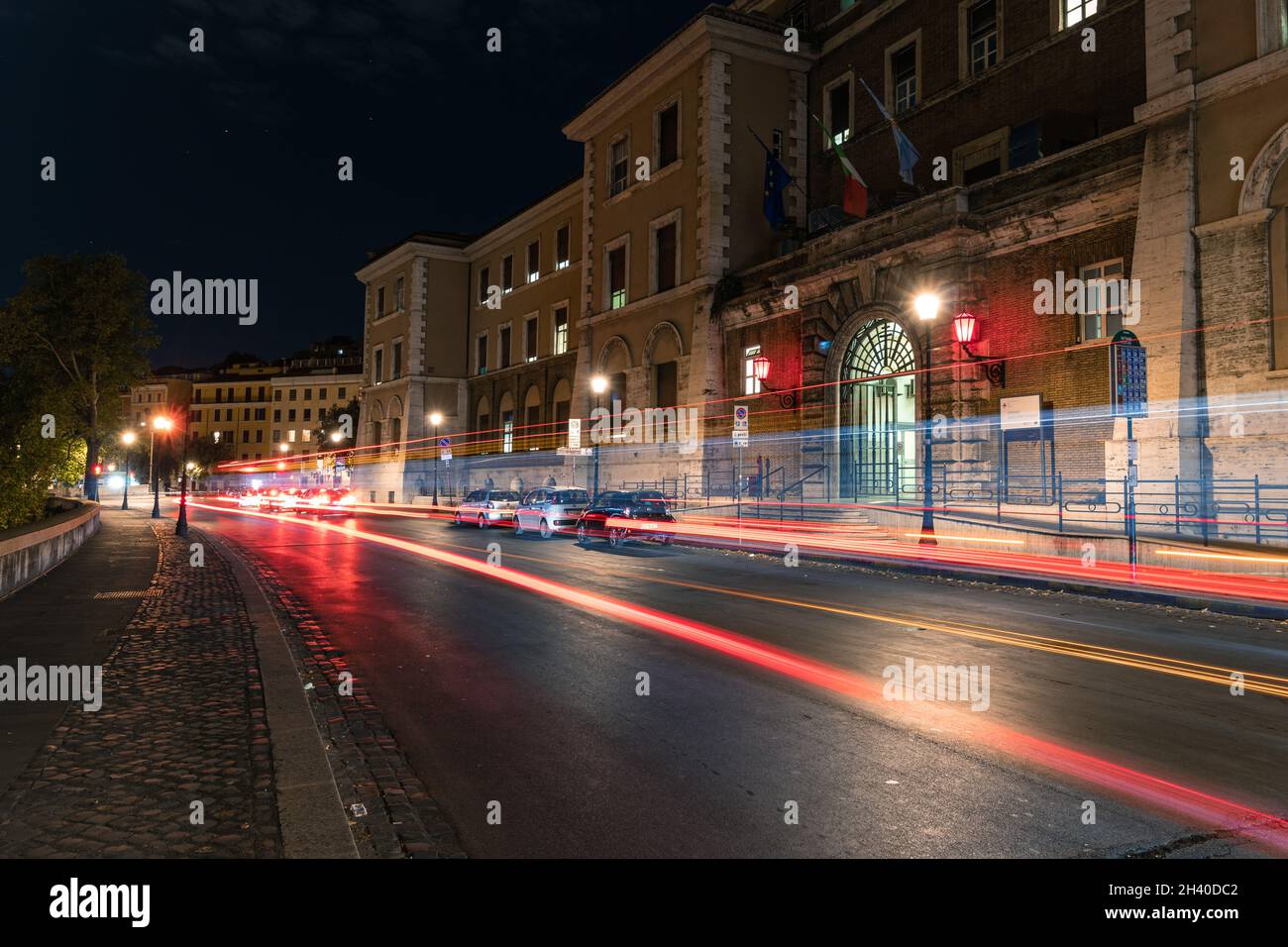 Long exposure photography traffic in the city Rome colorful bus and ...