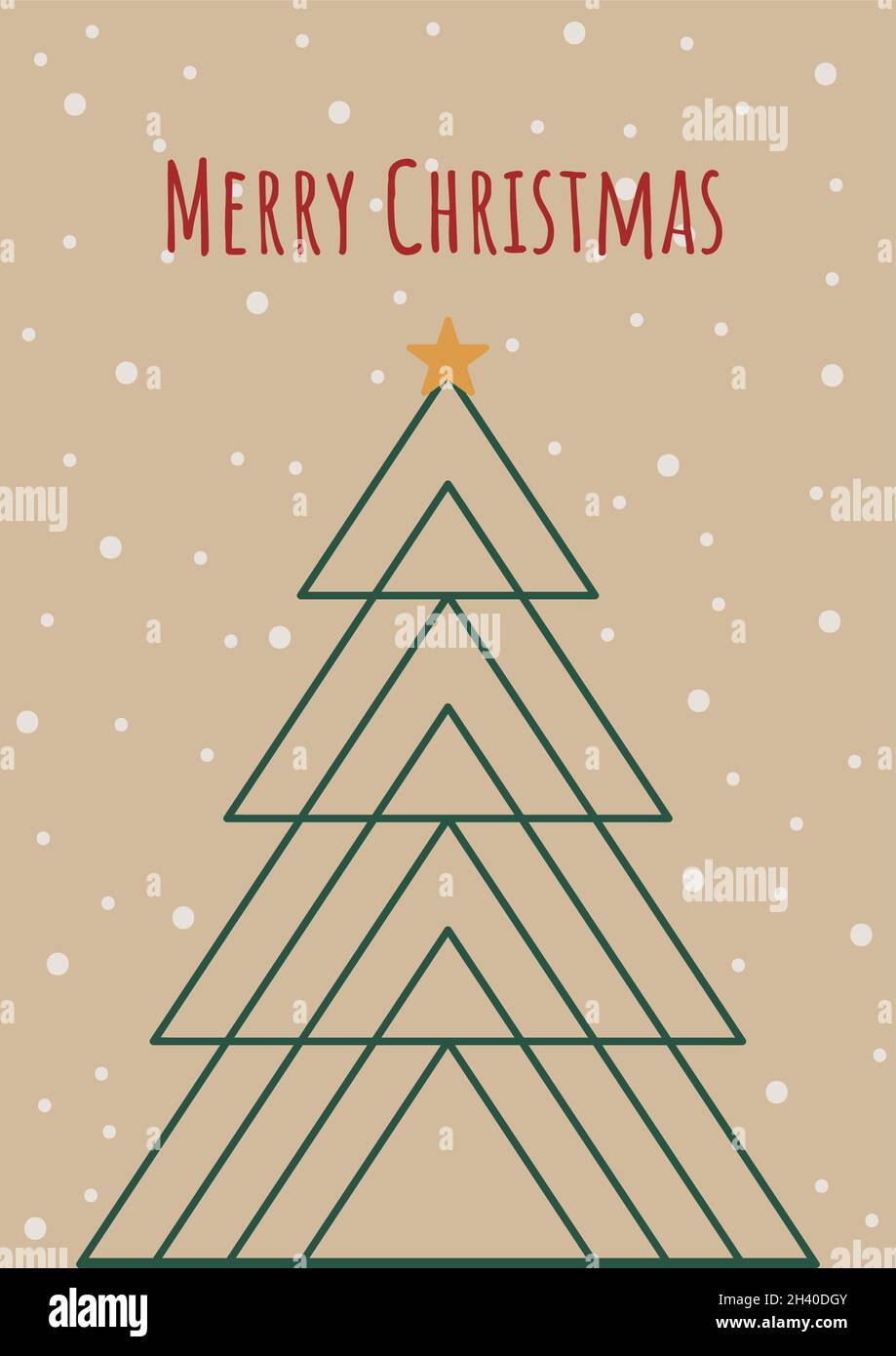 Merry Christmas card with a geometric green Christmas tree with ...