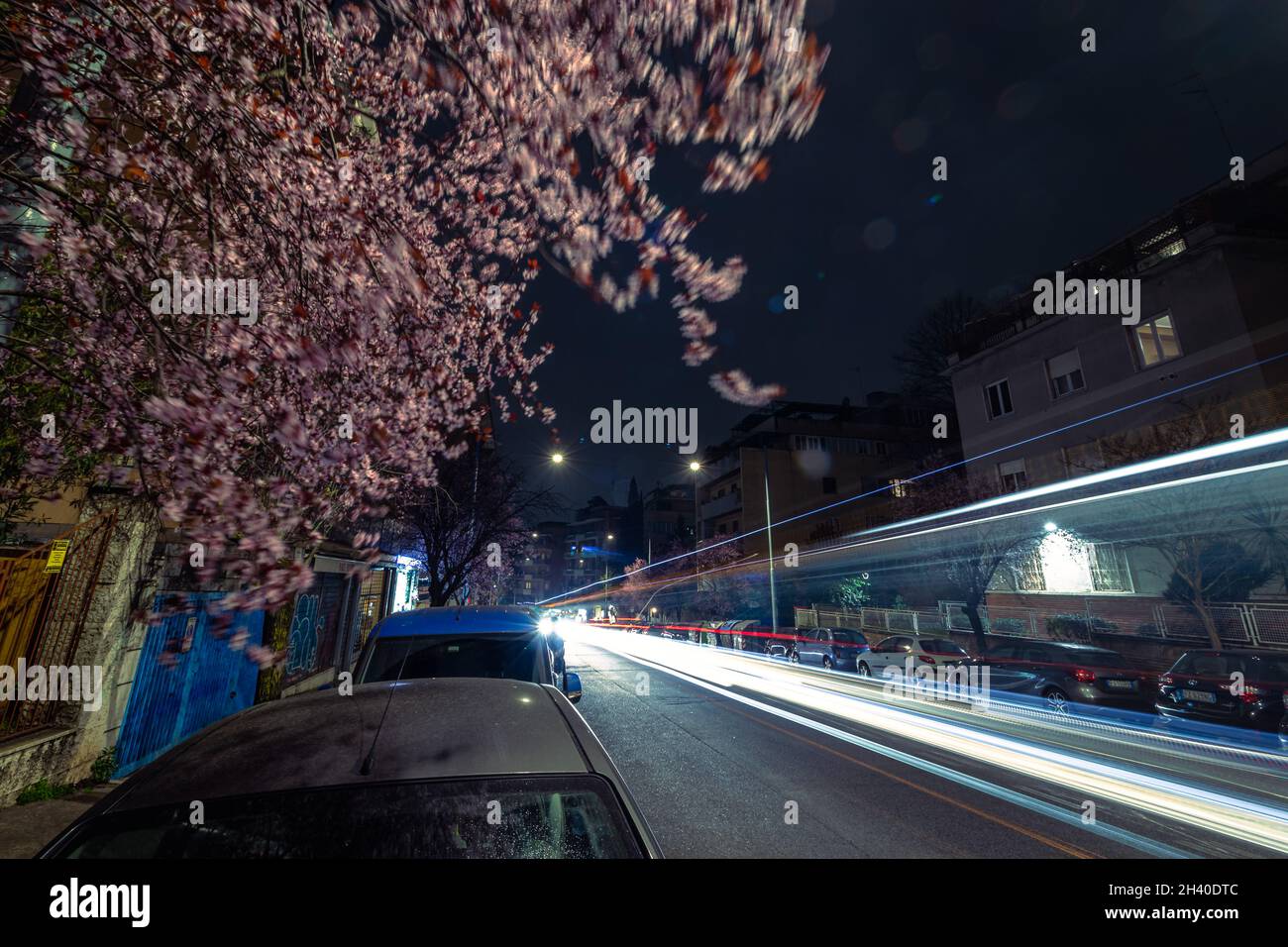 Long exposure photography traffic in the city Rome colorful bus and ...