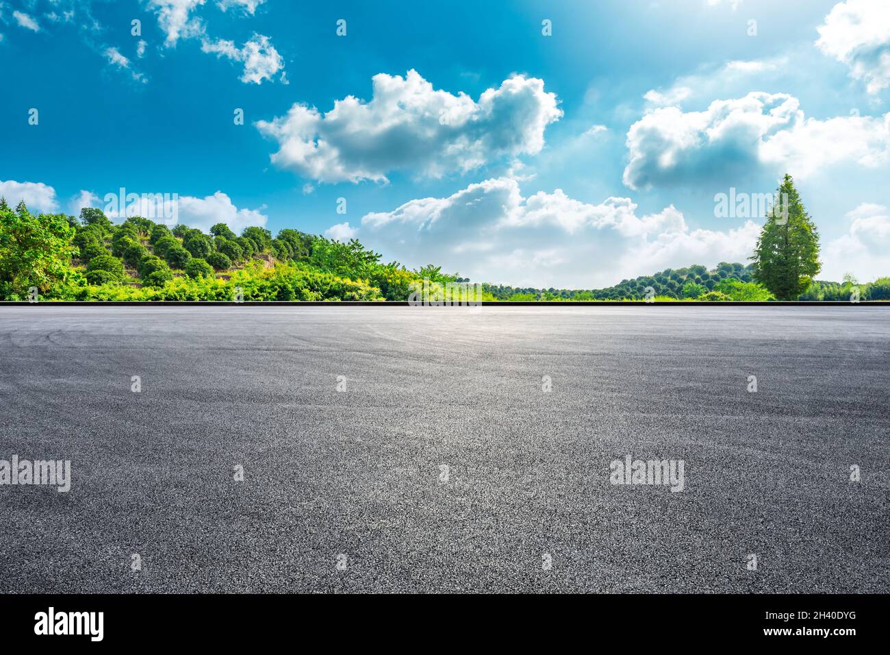 Race track road and green tea plantations with mountain natural scenery ...
