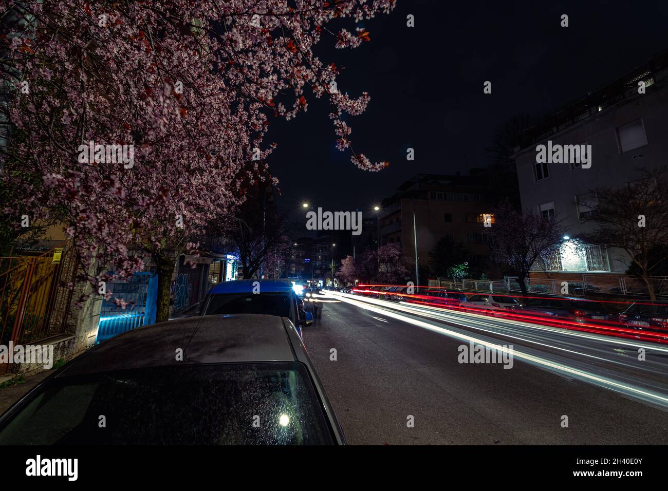 Long exposure photography traffic in the city Rome colorful bus and ...