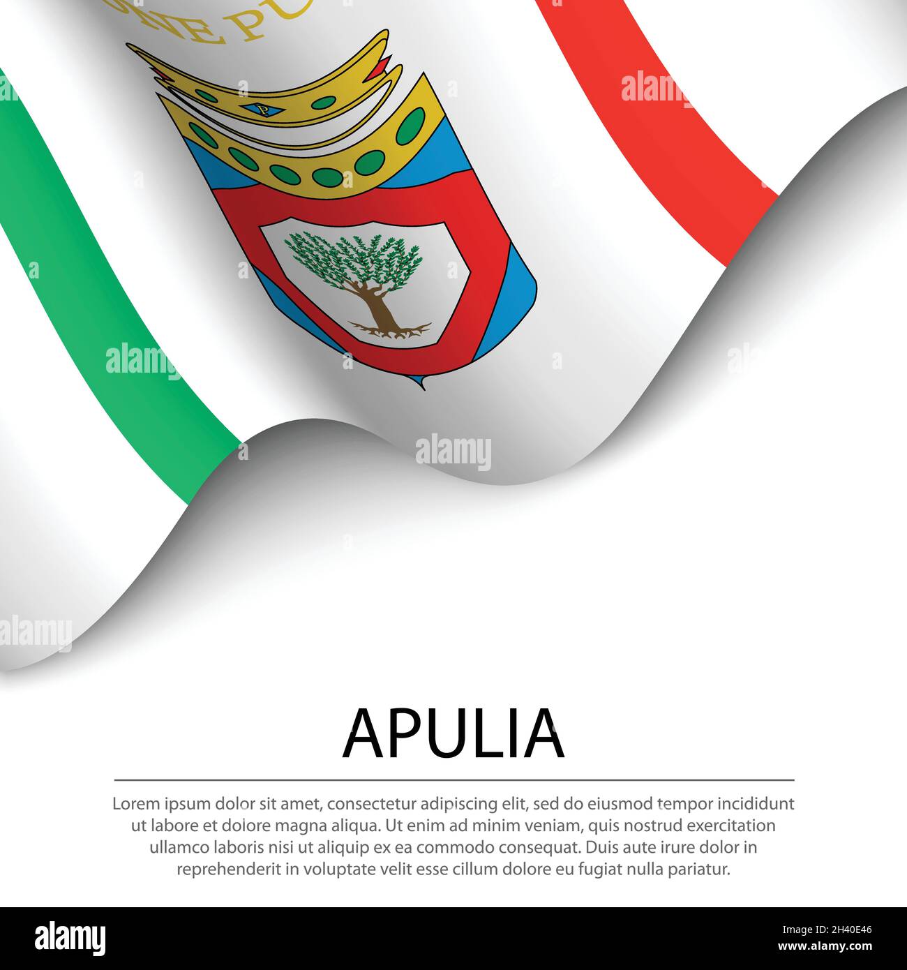 Waving flag of Apulia is a region of Italy on white background. Banner ...