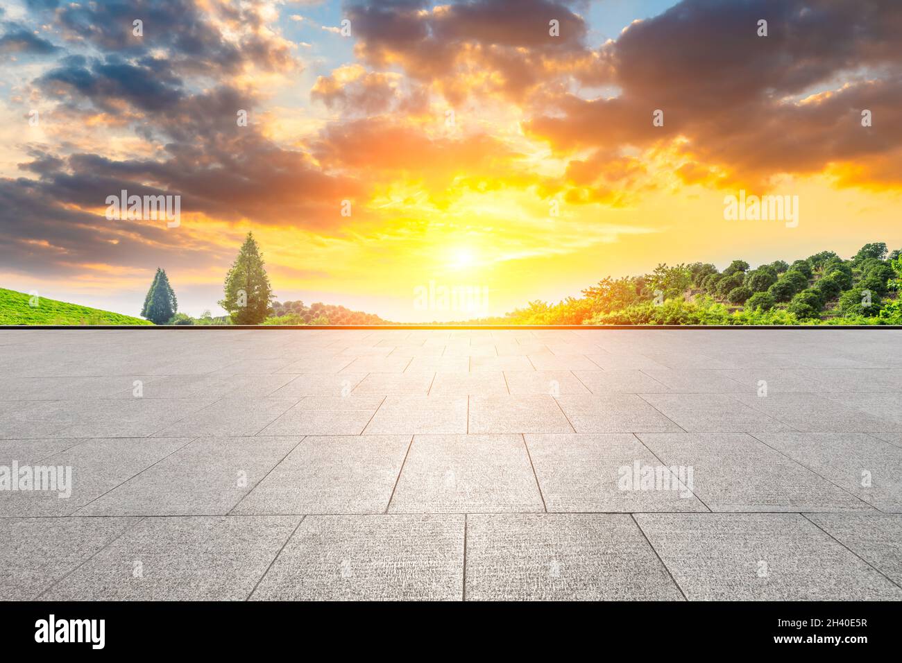 Empty square floor and green tea plantations with mountain natural ...