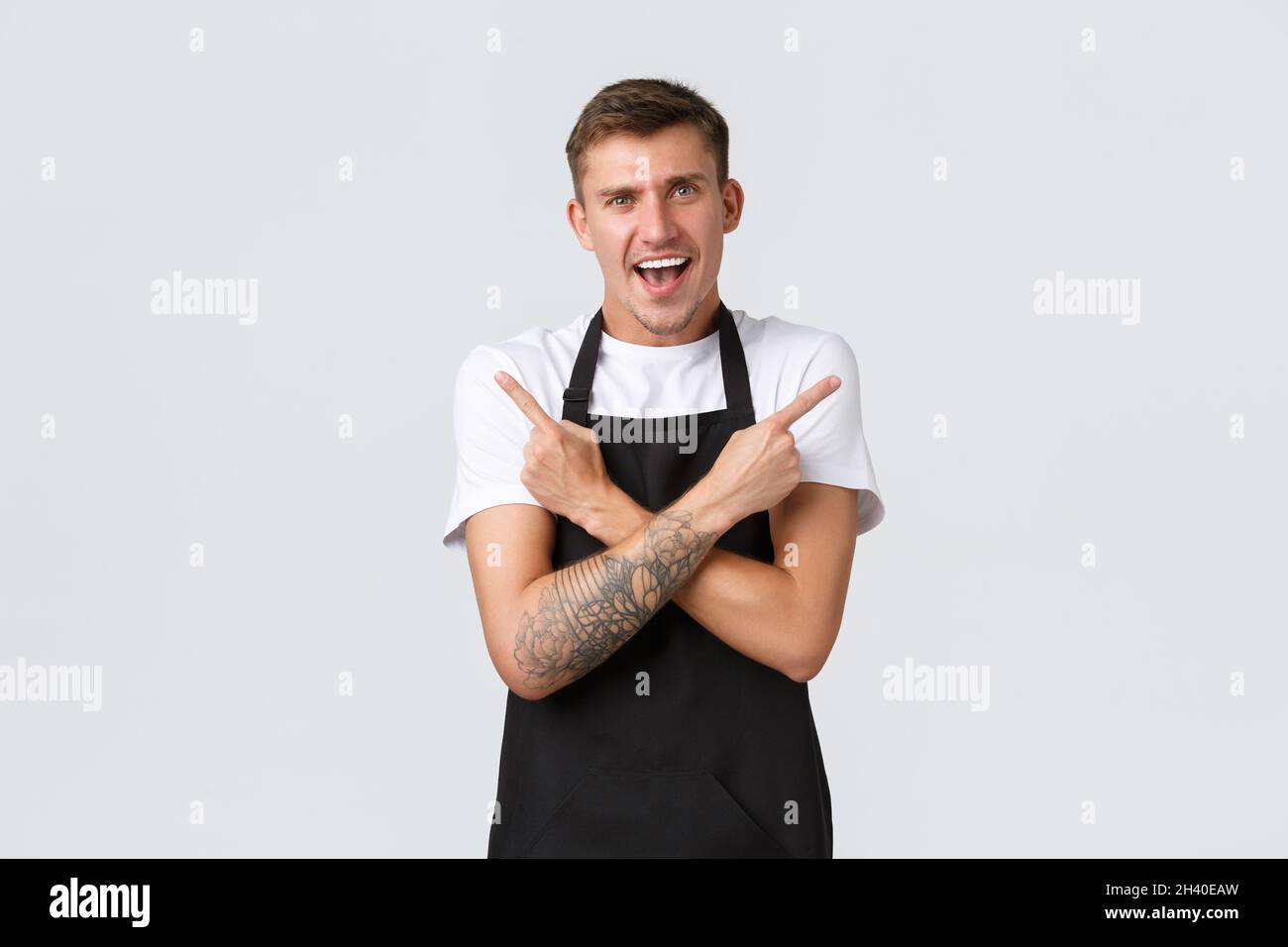 Small business owners, coffee shop and staff concept. Excited handsome ...